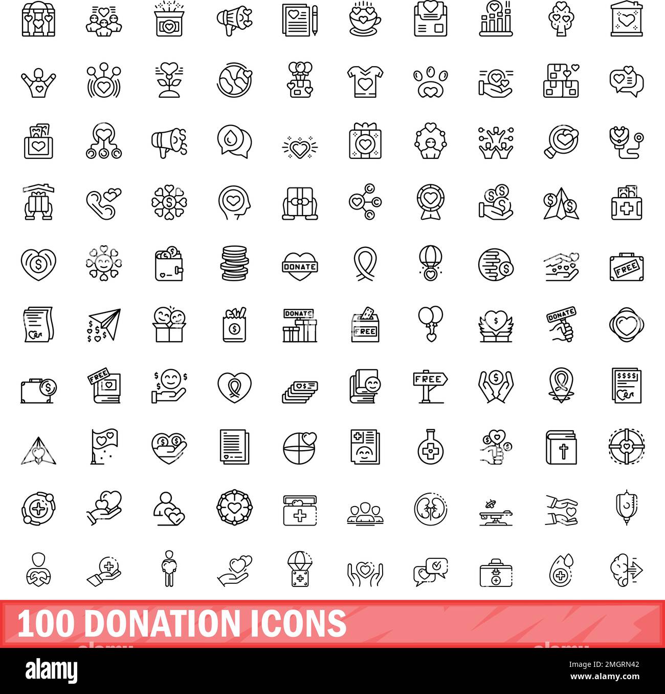100 donation icons set. Outline illustration of 100 donation icons ...