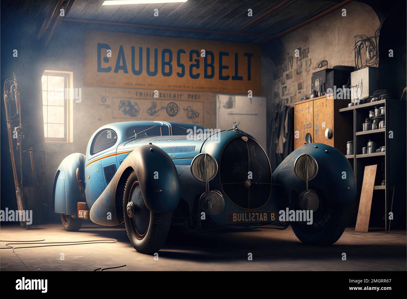 A very pretty blue antique car in a building with signs Stock Photo - Alamy