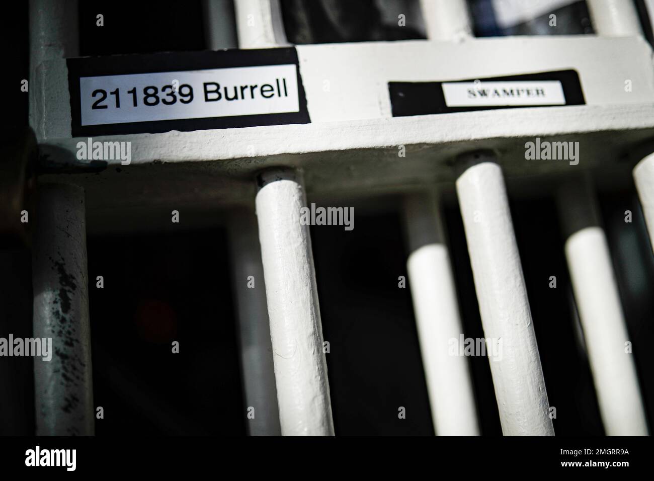In this Feb. 13, 2020, photo, Myon Burrell's inmate number is labeled ...