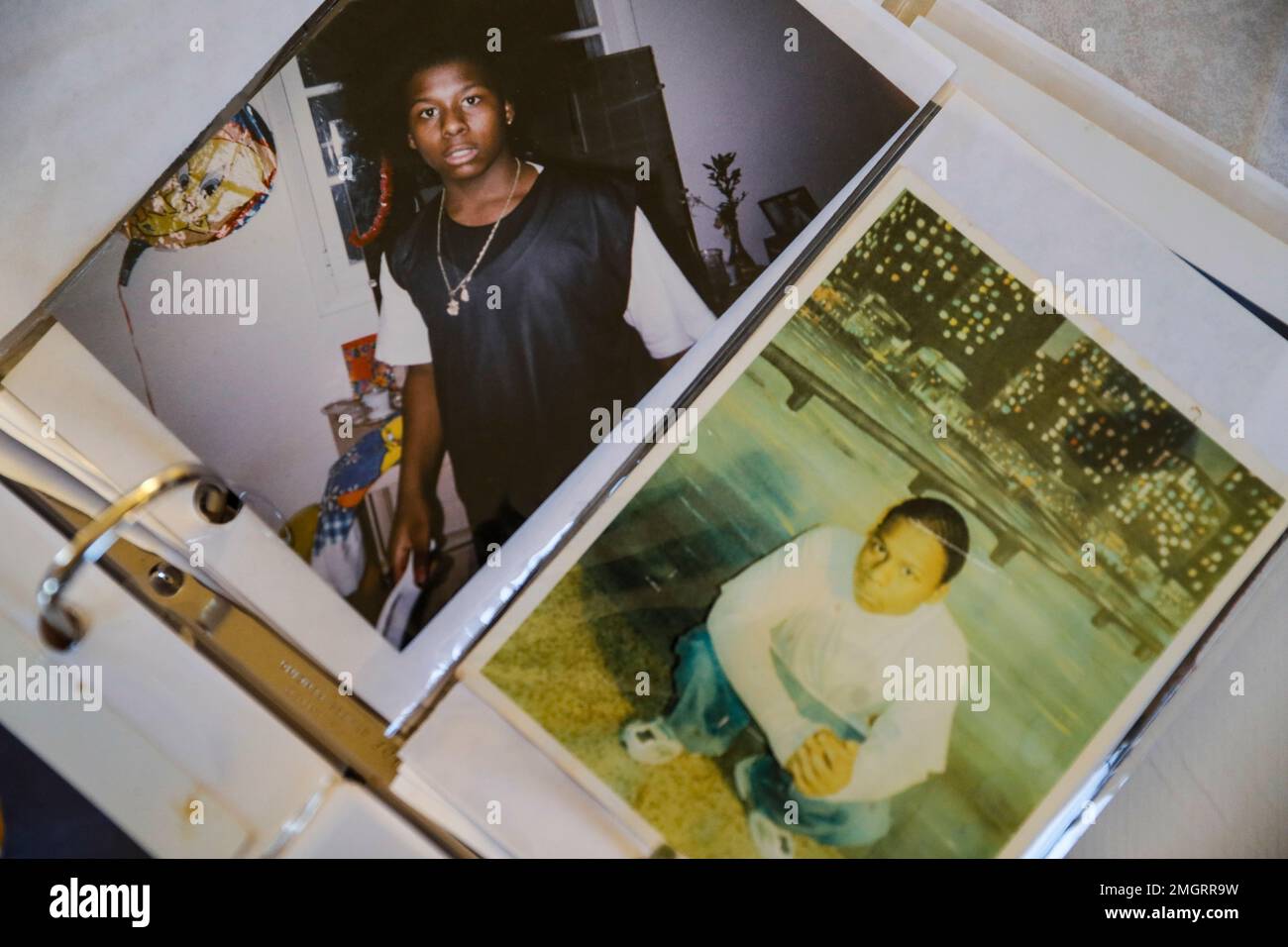 In this Oct. 25, 2019, photo, family photos of Myon Burrell during his ...