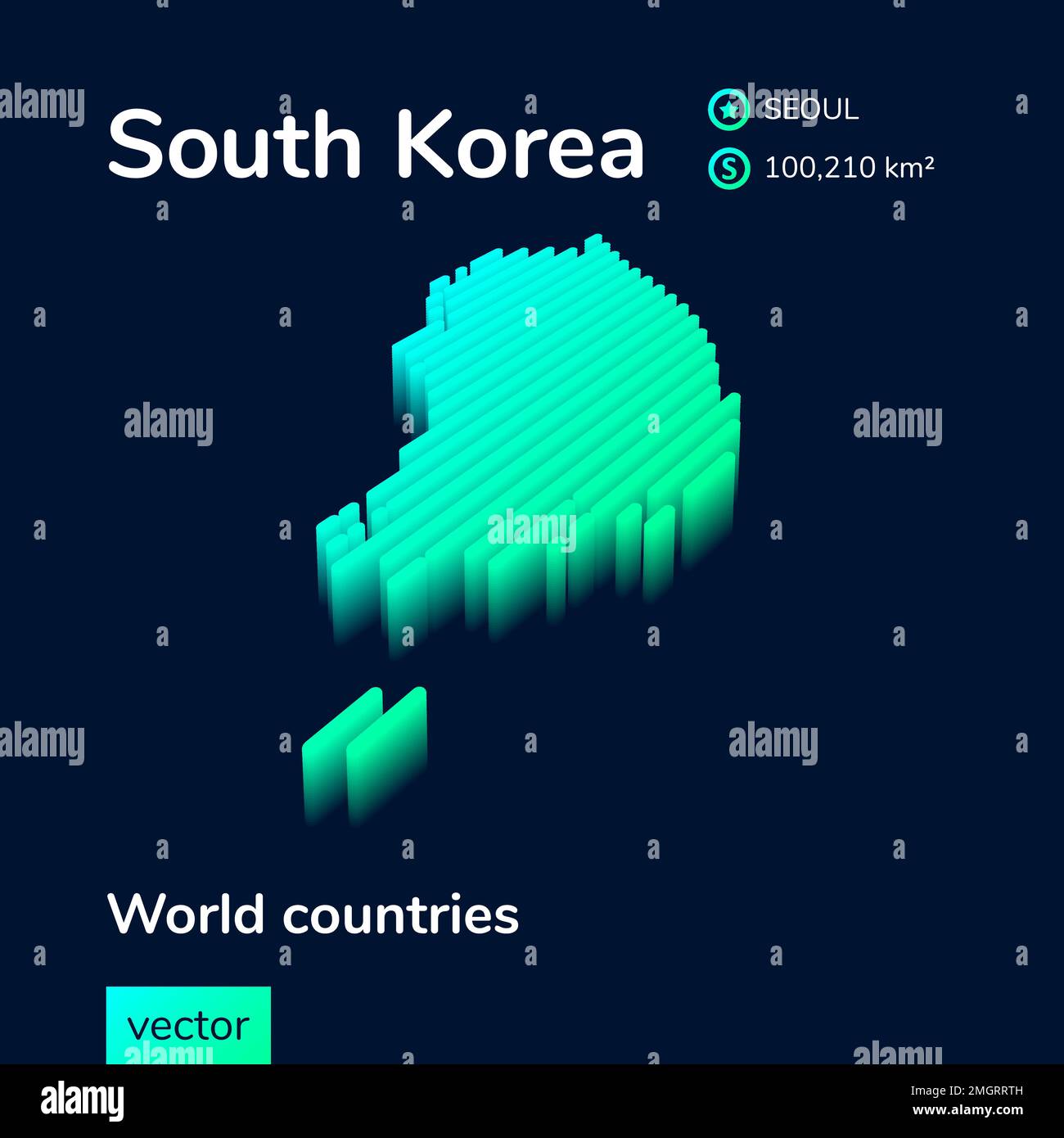 South Korea 3D map. Stylized neon simple digital isometric striped Map ...