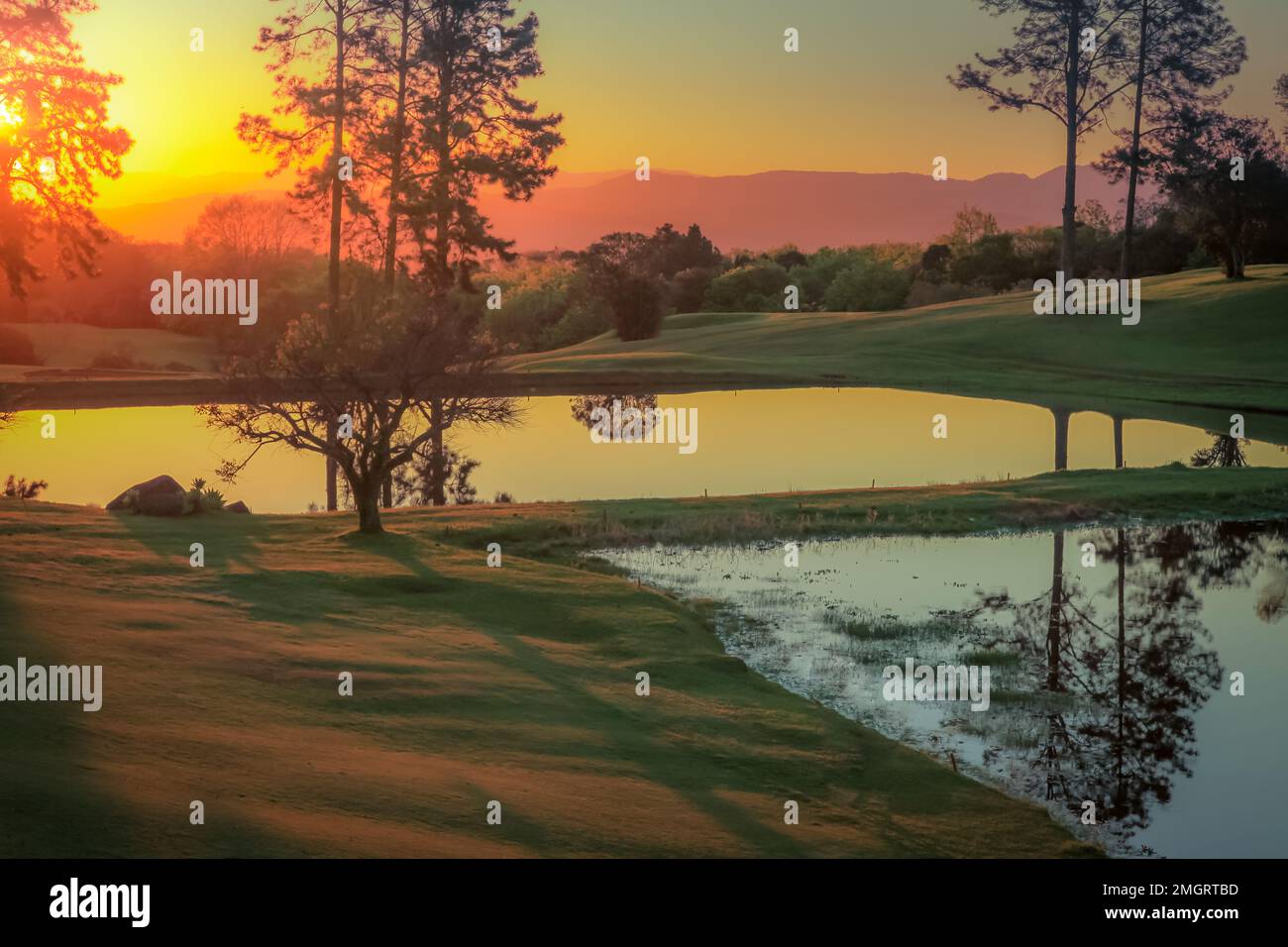 Relaxing sunset landscape with lake reflection at autumn, Gramado ...