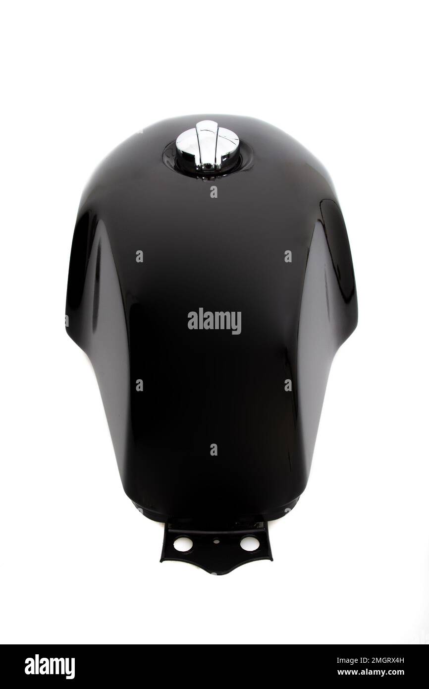 fuel tank door on motorcycle with chrome cap on top view over white ...
