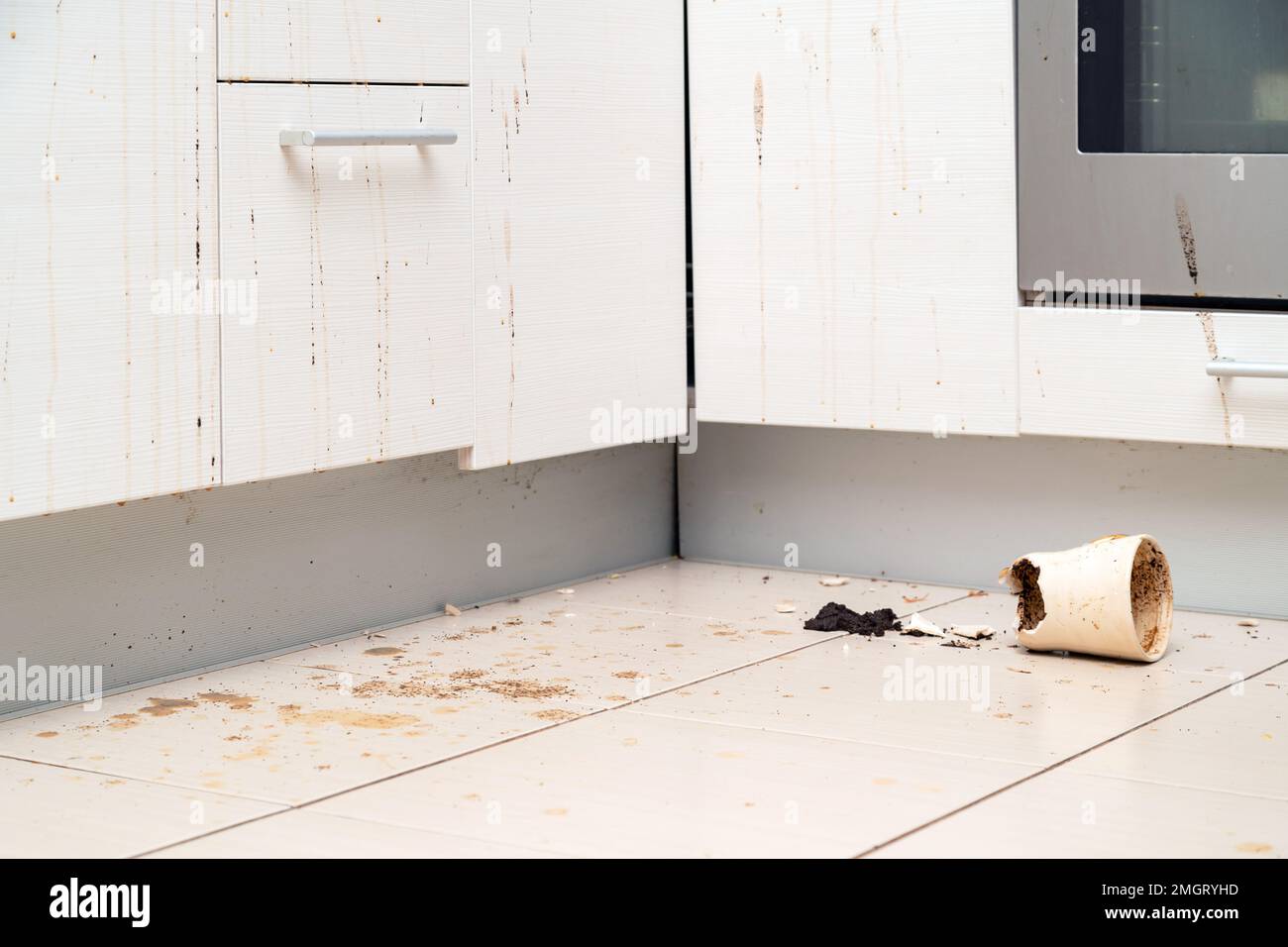 Broken tea cup laying on the kitchen floor, smashed coffee mug and ...