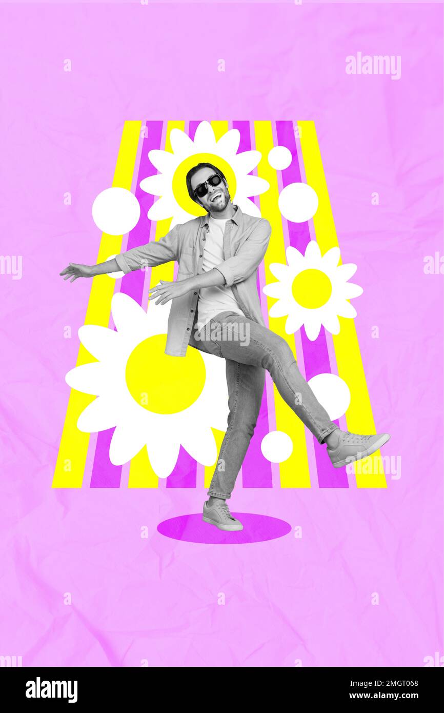 Photo collage of young active positive swag man wear sunglasses dancing ...