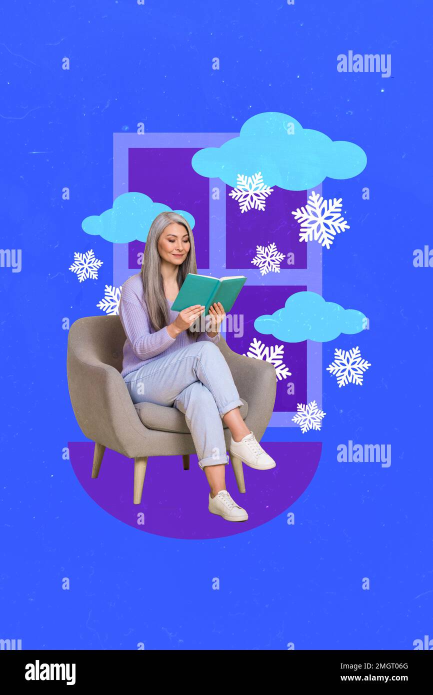 Photo creative collage new year atmosphere mature age lady reading ...