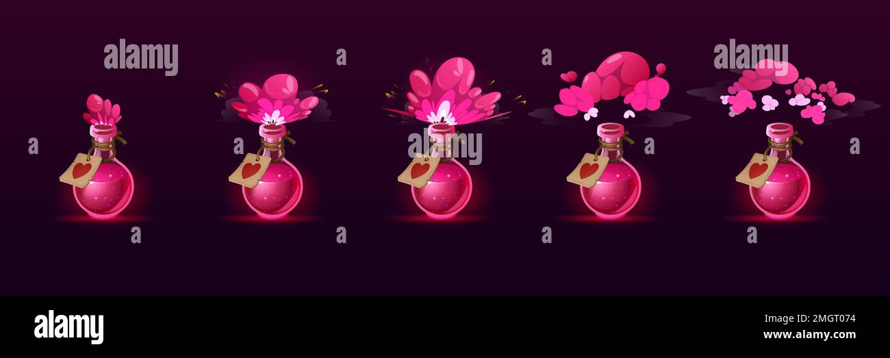 Love potion bottle with puff cloud animation set isolated on background ...