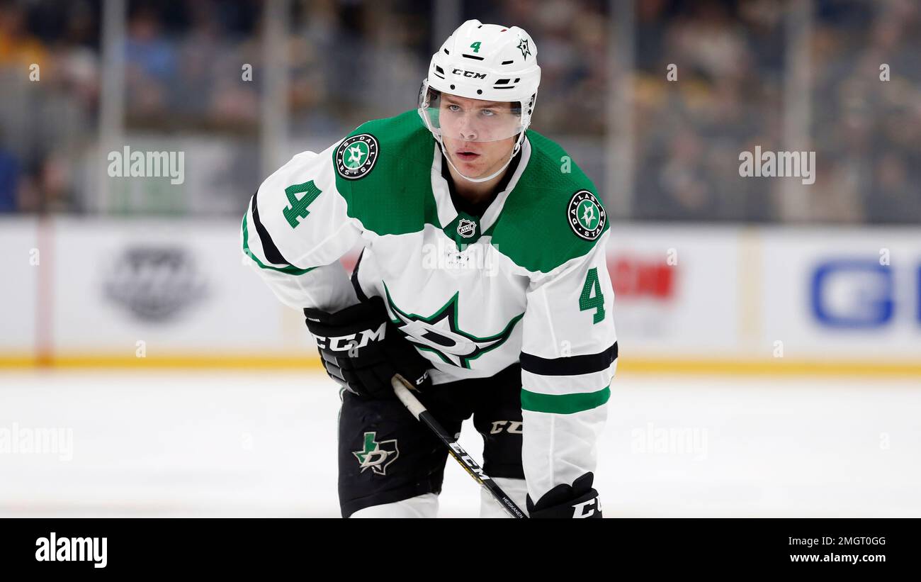 Dallas Stars' Miro Heiskanen plays against the Boston Bruins during an ...