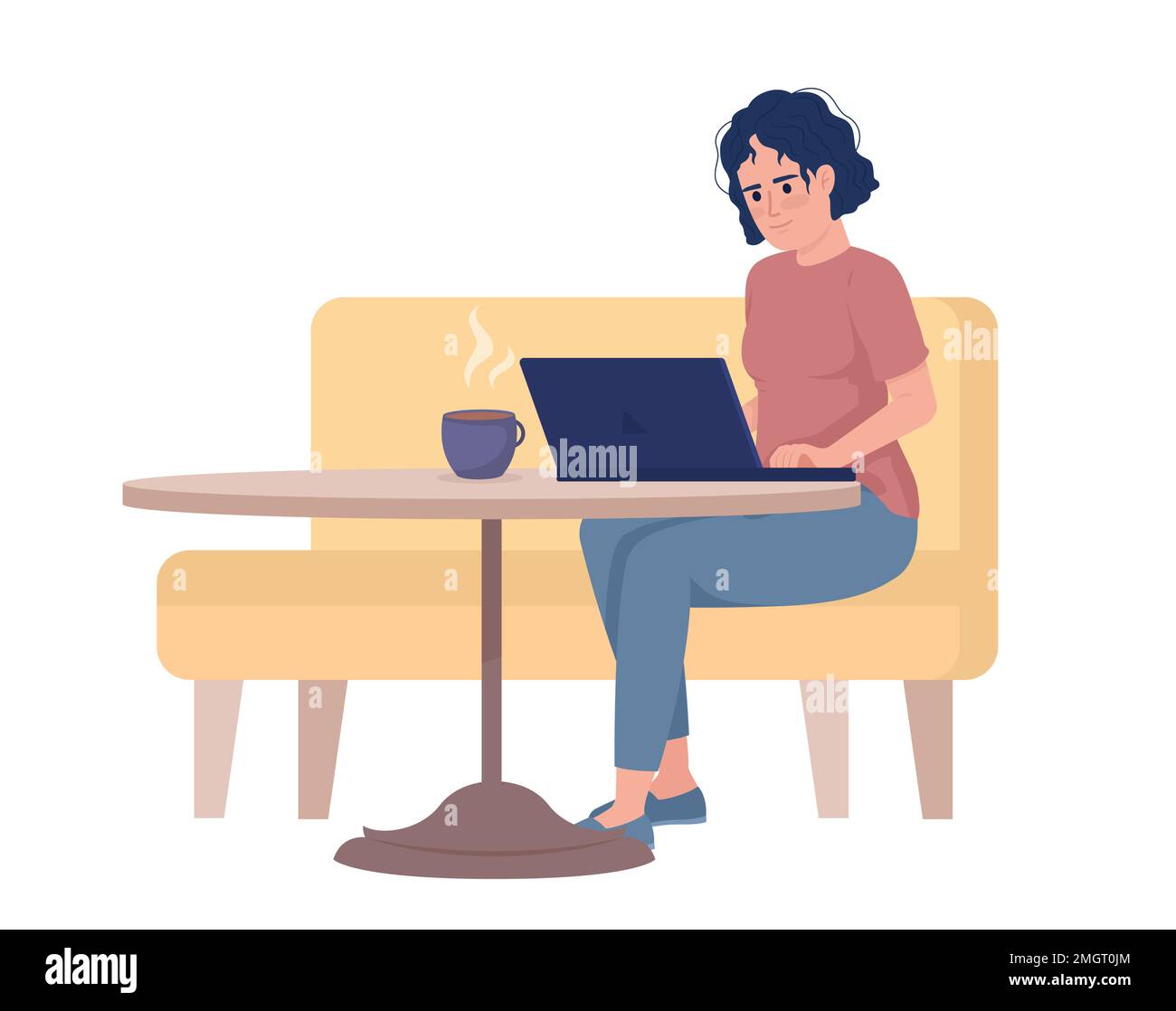 Disheveled woman typing on laptop from cafe seating semi flat color ...