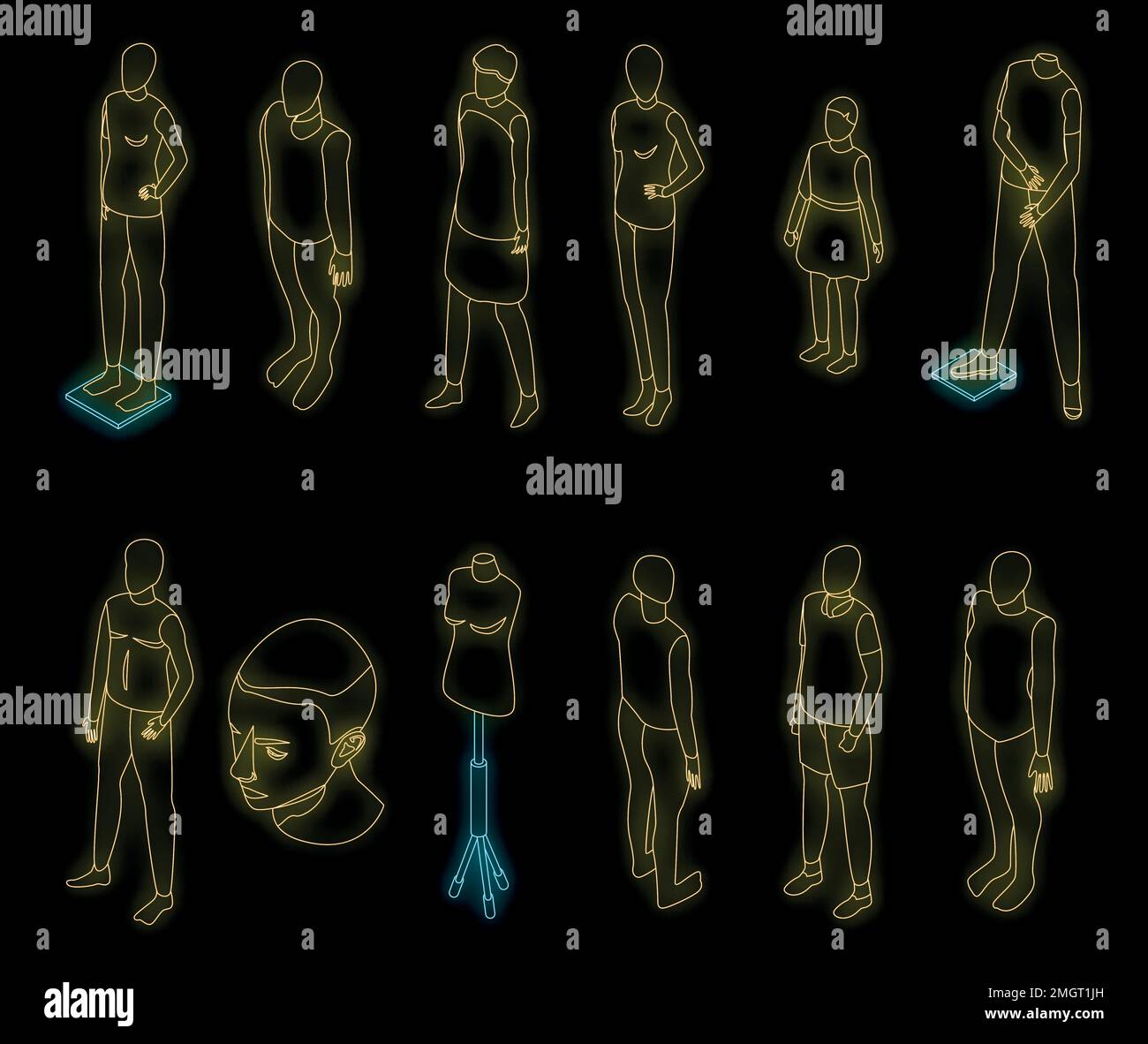 Mannequin icons set. Isometric set of mannequin vector icons neon color ...