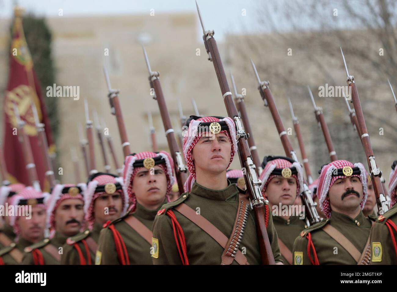 Jordanian honor guard stansd for review by Jordan's King Abdullah II ...