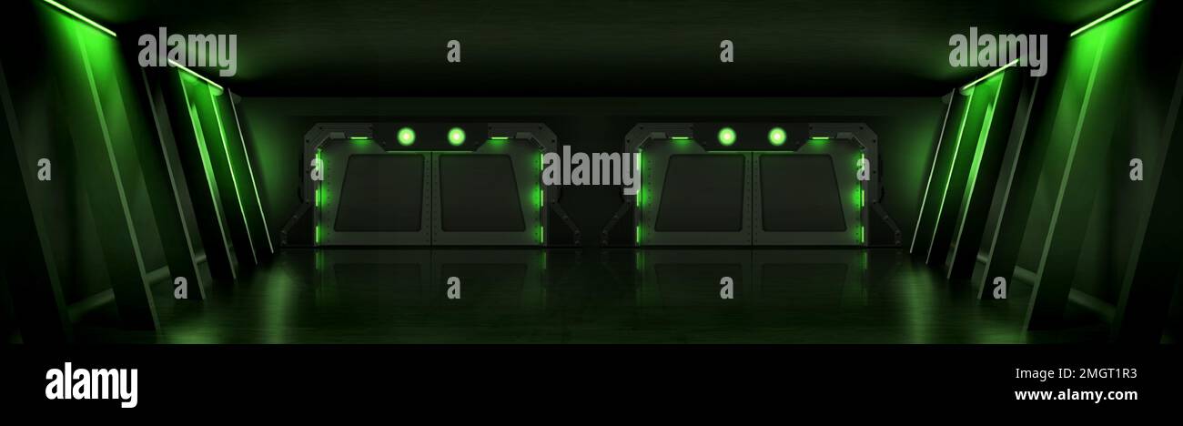 Spaceship, ship or laboratory metal gates. Futuristic interior with ...