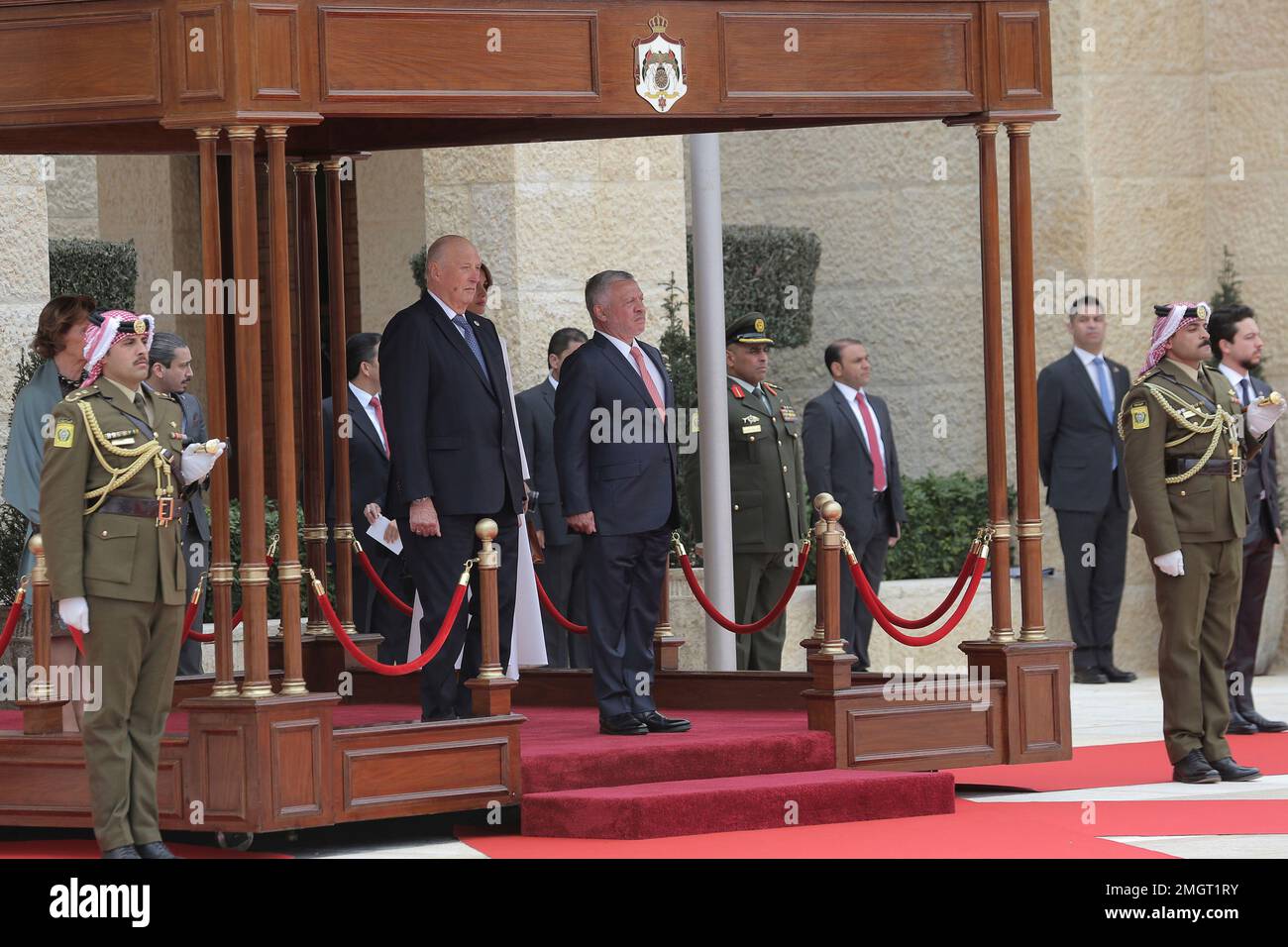 Norway's King Harold, center left, and Jordan's King Abdullah II review ...