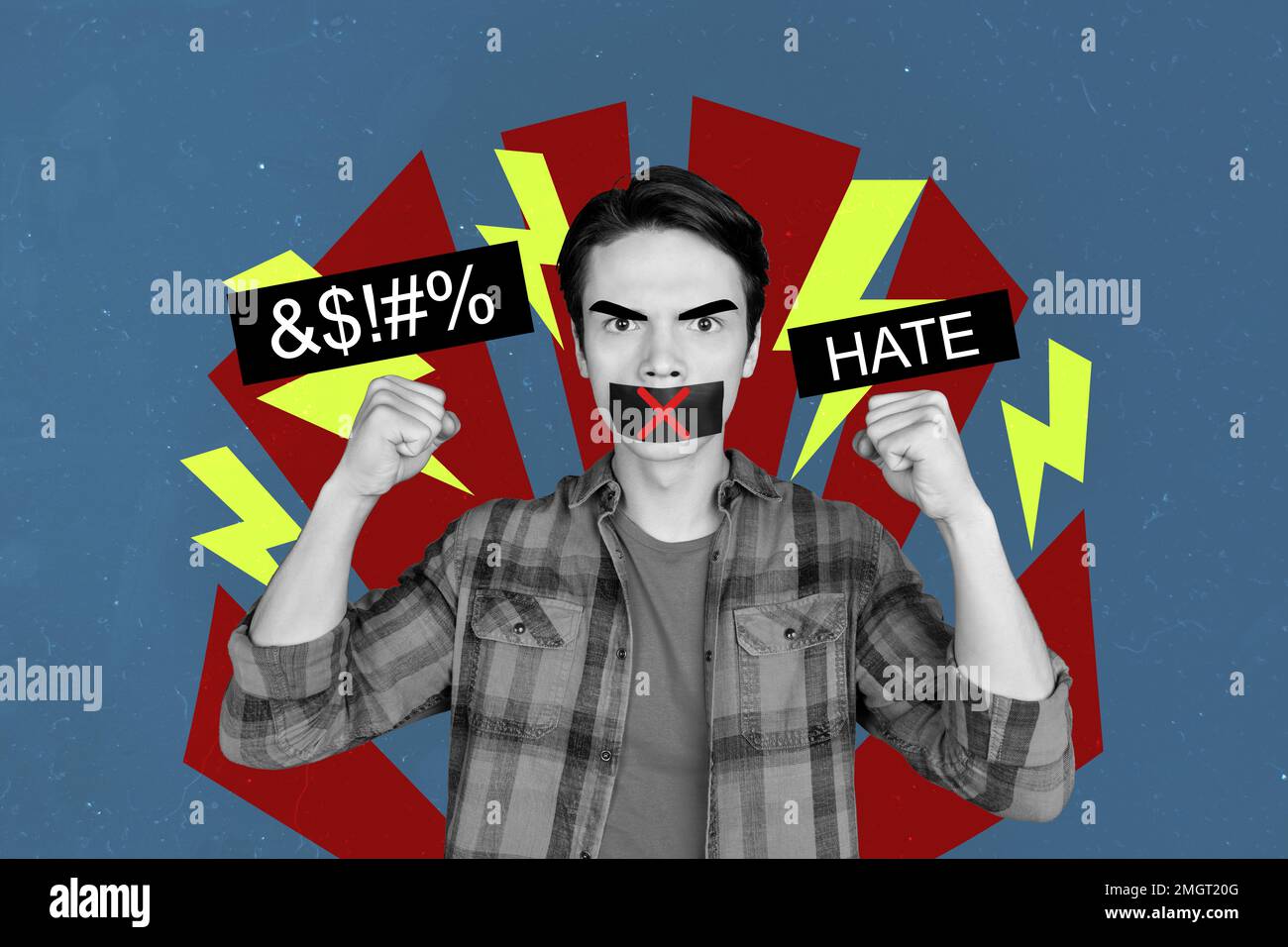 Creative photo 3d collage artwork poster picture of aggressive boy guy ...