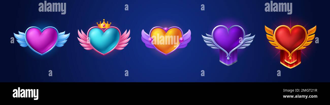 Cartoon set of heart rank badges isolated on dark blue background ...