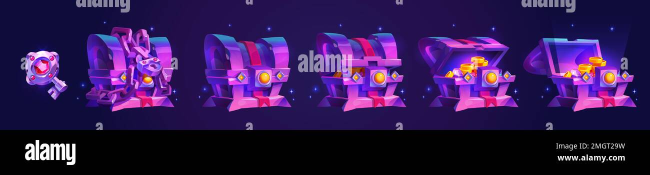 Treasure chest open with gold coins, locked with chain and padlock and ...