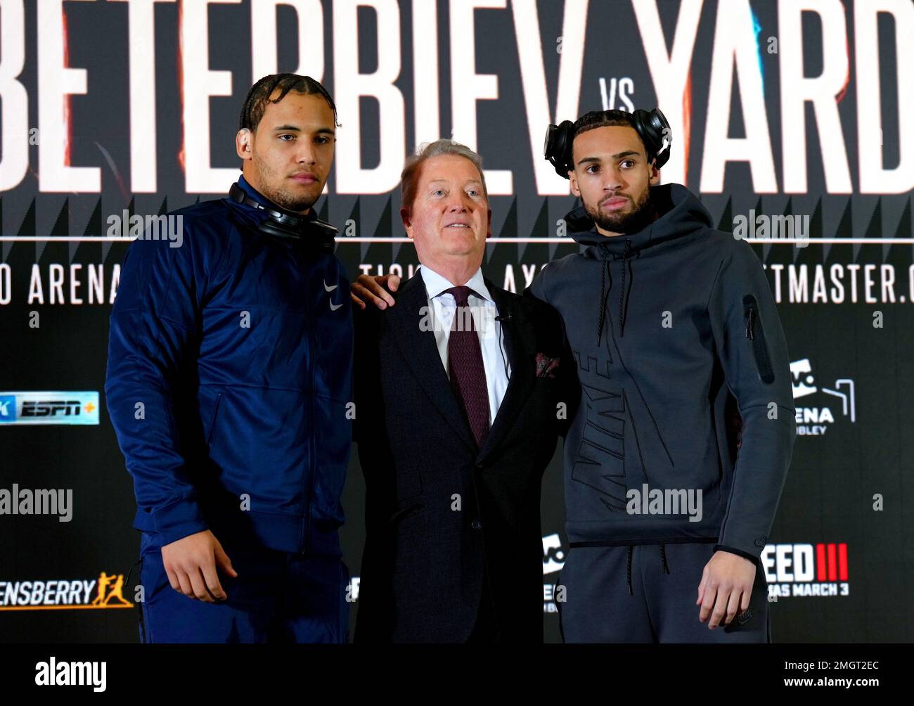 Promoter Frank Warren (centre), Karol Itauma (right) and Moses Itauma during a press conference ...