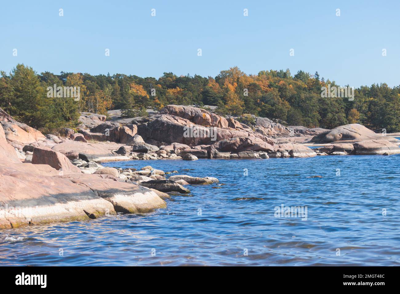 View of Hanko town coast, Hango, Finland, with beach and coastal ...