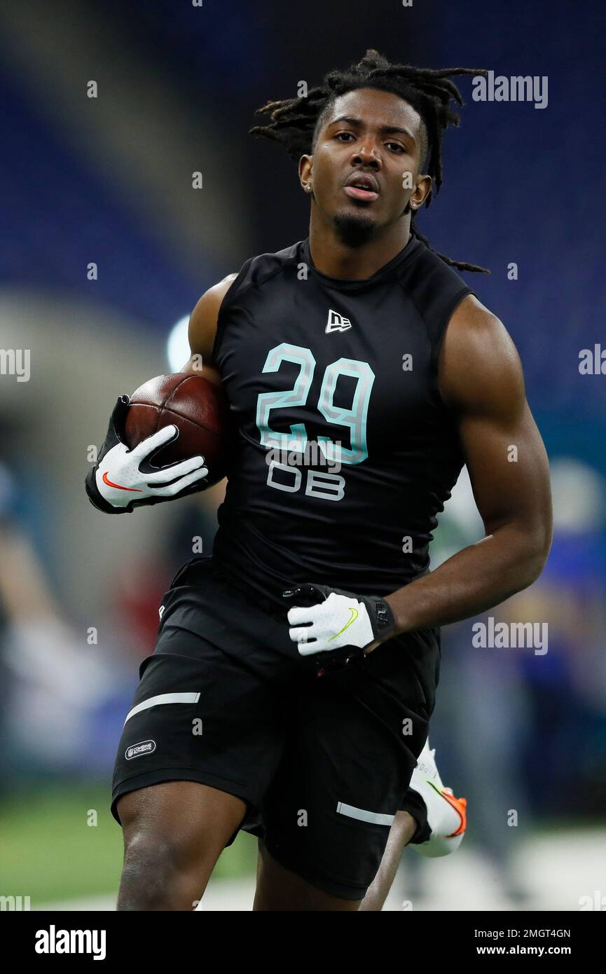 Tulsa defensive back Reggie Robinson II runs a drill at the NFL ...