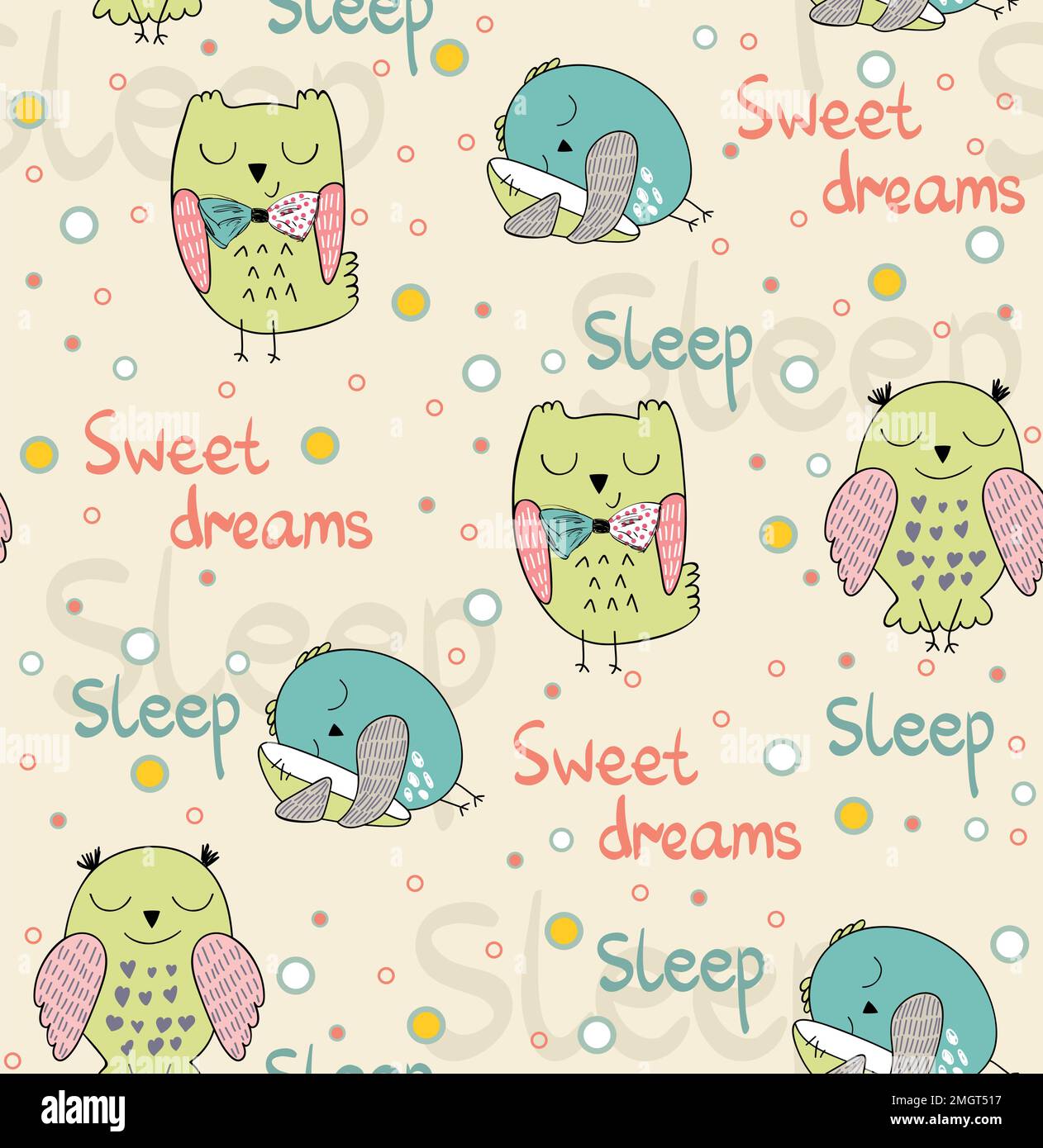 Cartoon Sleeping owls. Cute Hand Drawn seamless pattern Stock Vector ...