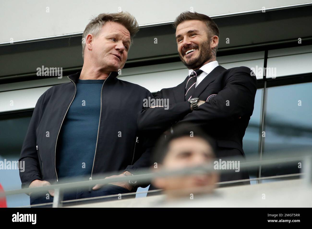 David Beckham, right, talks to chef Gordon Ramsay before an MLS soccer ...