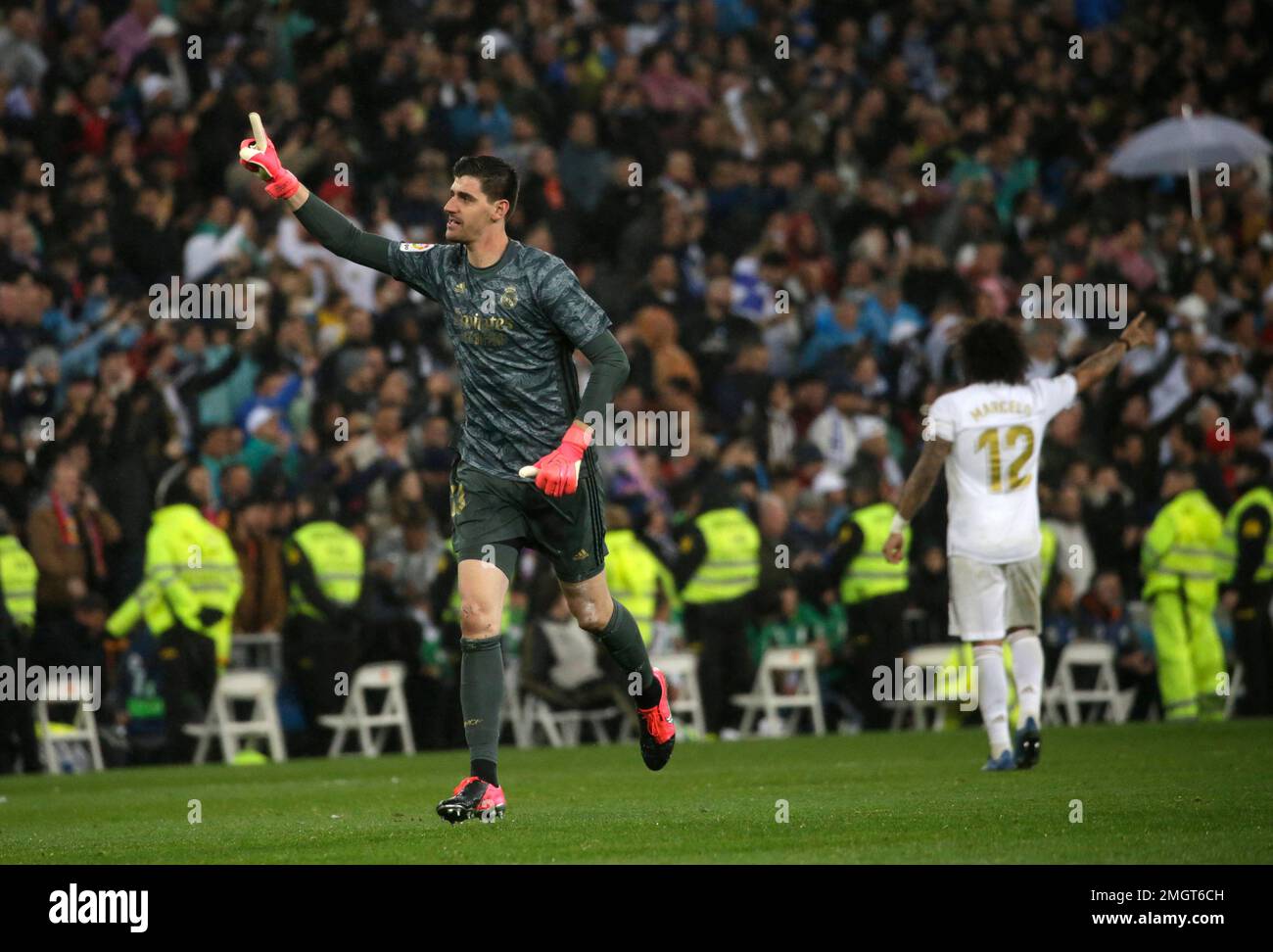 Real Madrid's goalkeeper Thibaut Courtois celebrates during the Spanish ...