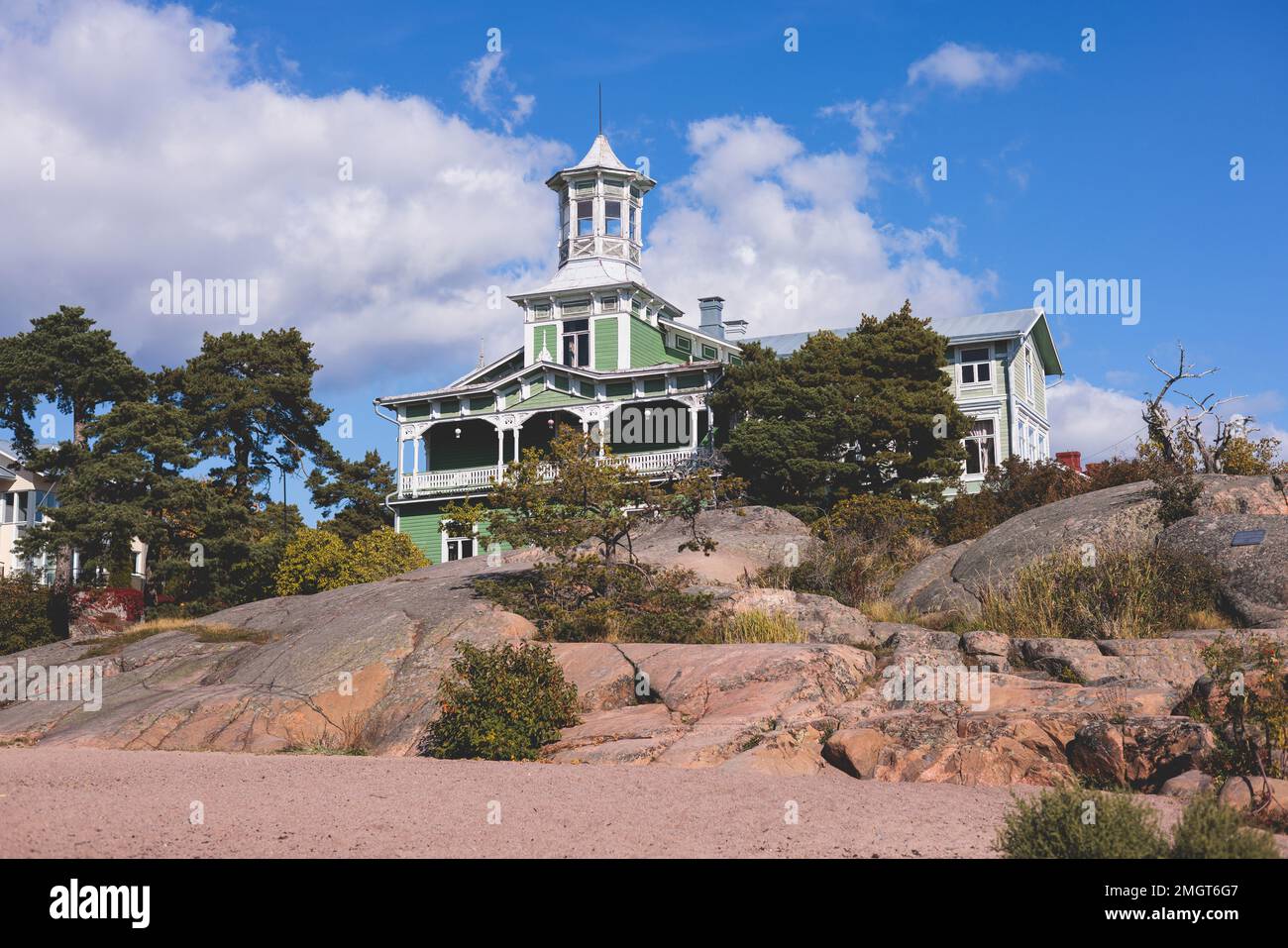 View of Hanko town coast, Hango, Finland, with beach and coastal ...