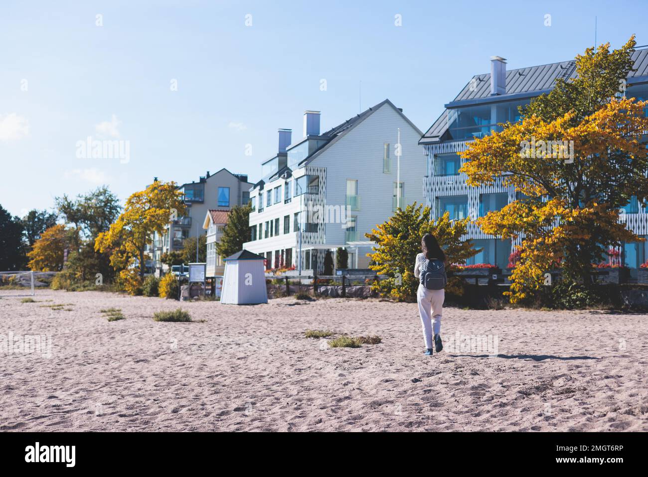 View of Hanko town coast, Hango, Finland, with beach and coastal ...