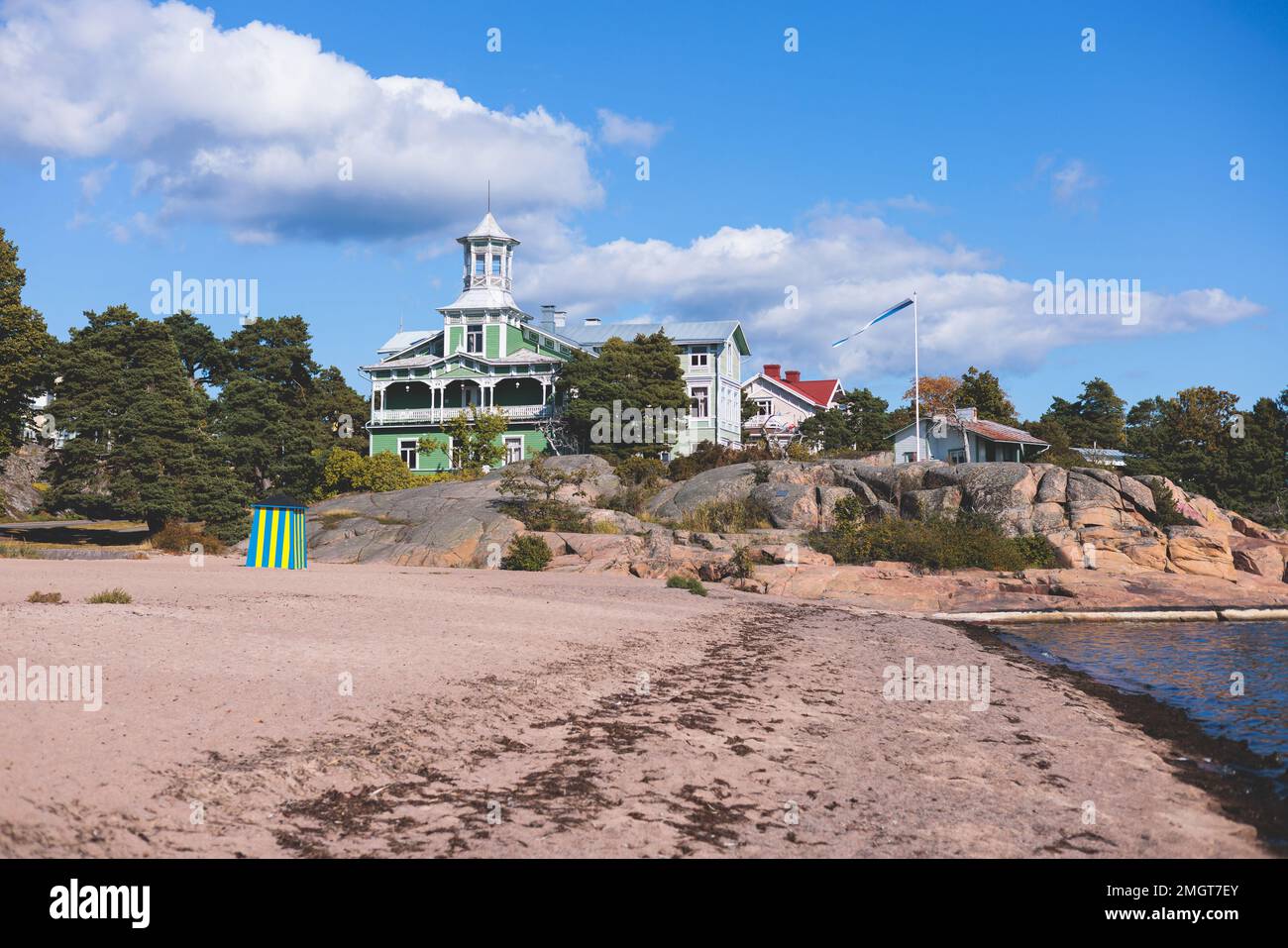 View of Hanko town coast, Hango, Finland, with beach and coastal ...