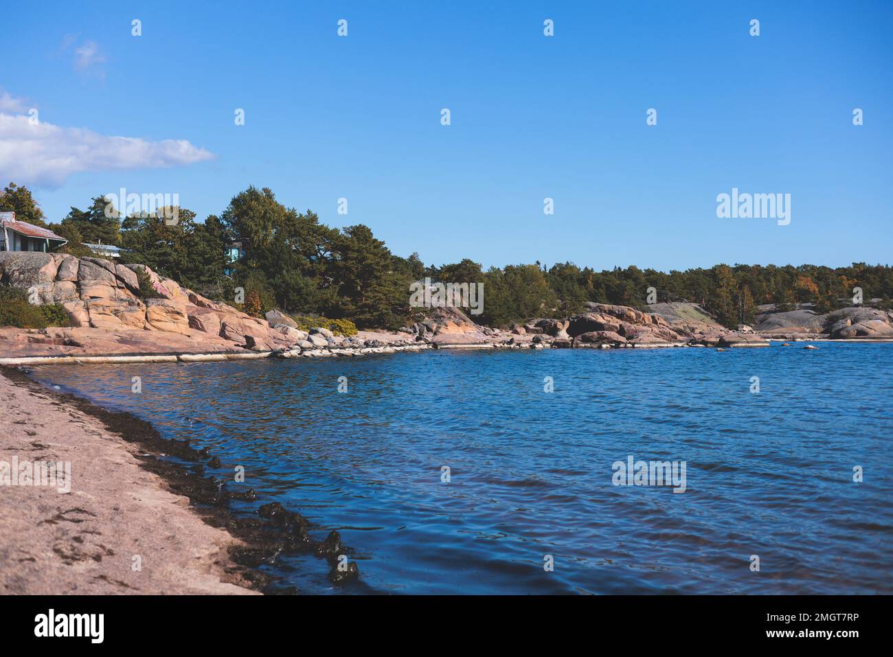 View of Hanko town coast, Hango, Finland, with beach and coastal ...