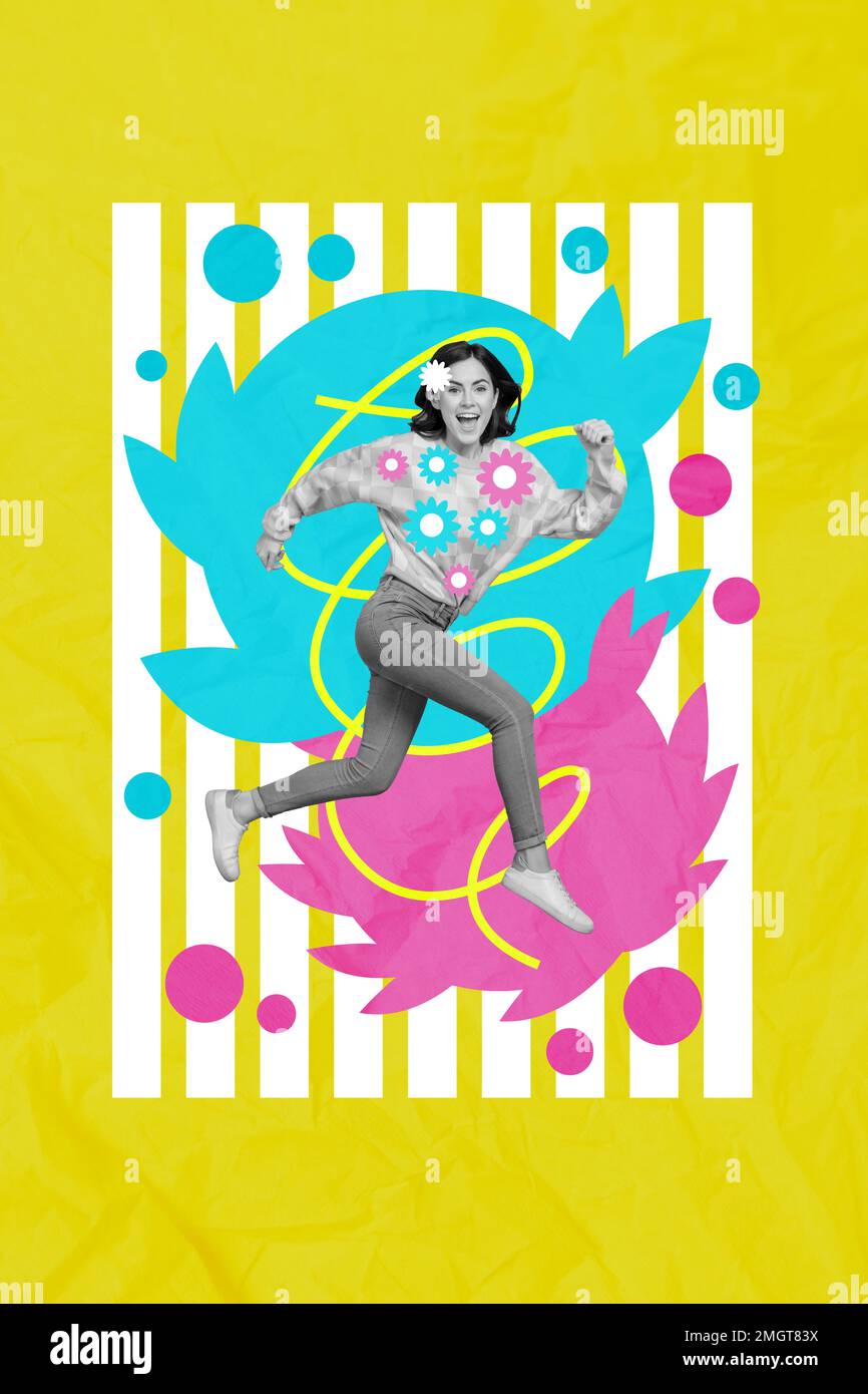 Photo collage artwork minimal picture of charming happy lady walking ...