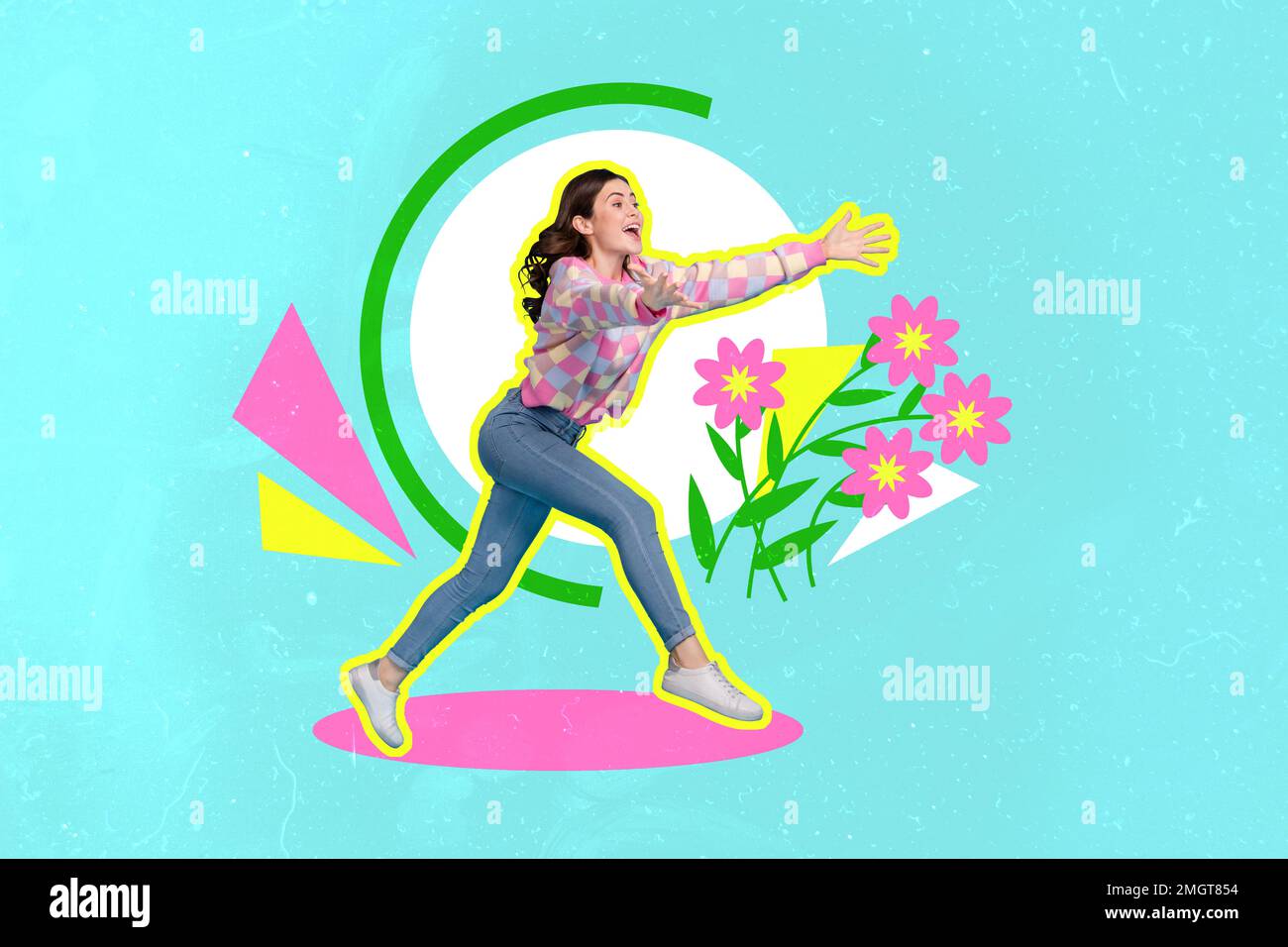 Creative abstract collage template graphics image of funky excited lady ...