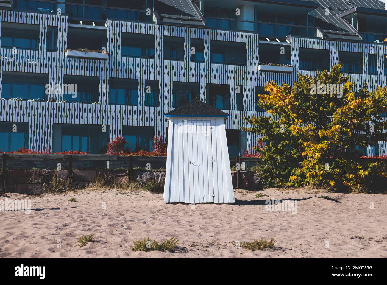 View of Hanko town coast, Hango, Finland, with beach and coastal ...