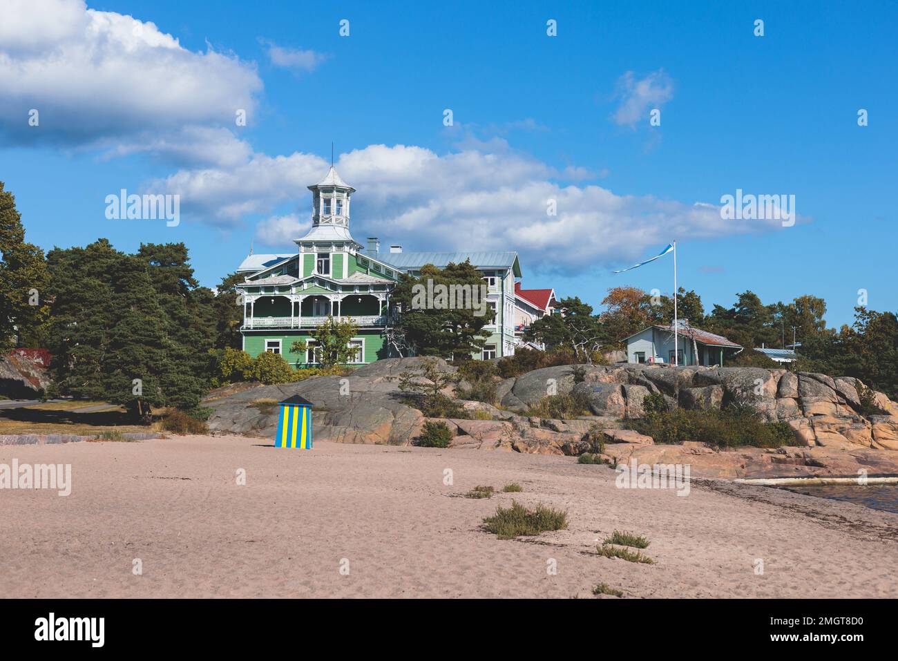 View of Hanko town coast, Hango, Finland, with beach and coastal ...