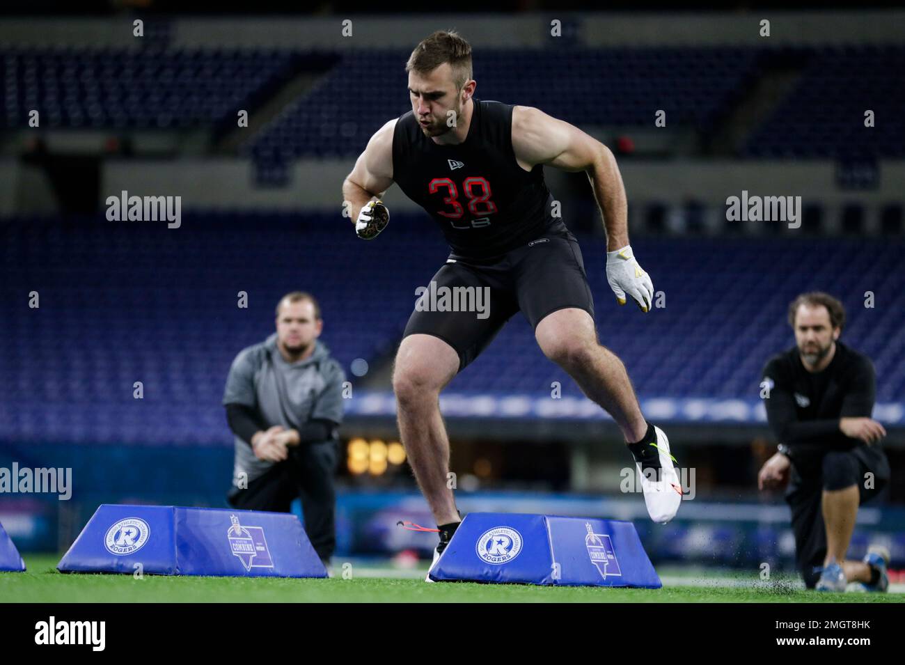 Stanford linebacker Casey Toohill runs a drill at the NFL football ...