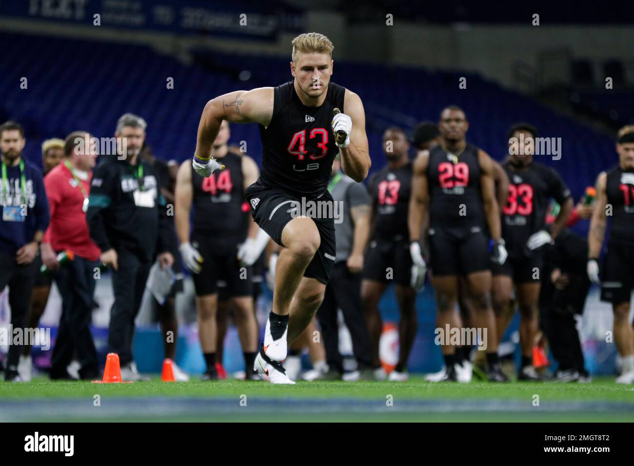 Wyoming linebacker Logan Wilson runs a drill at the NFL football ...