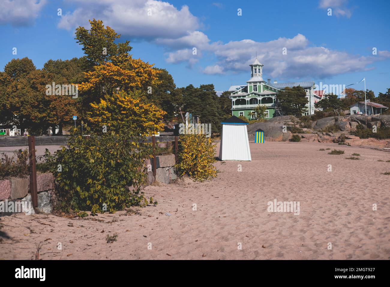 View of Hanko town coast, Hango, Finland, with beach and coastal ...