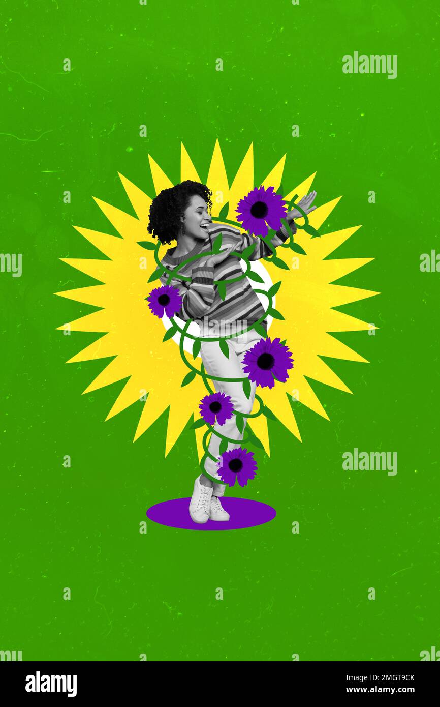 Photo collage cartoon comics sketch picture of happy smiling lady ...