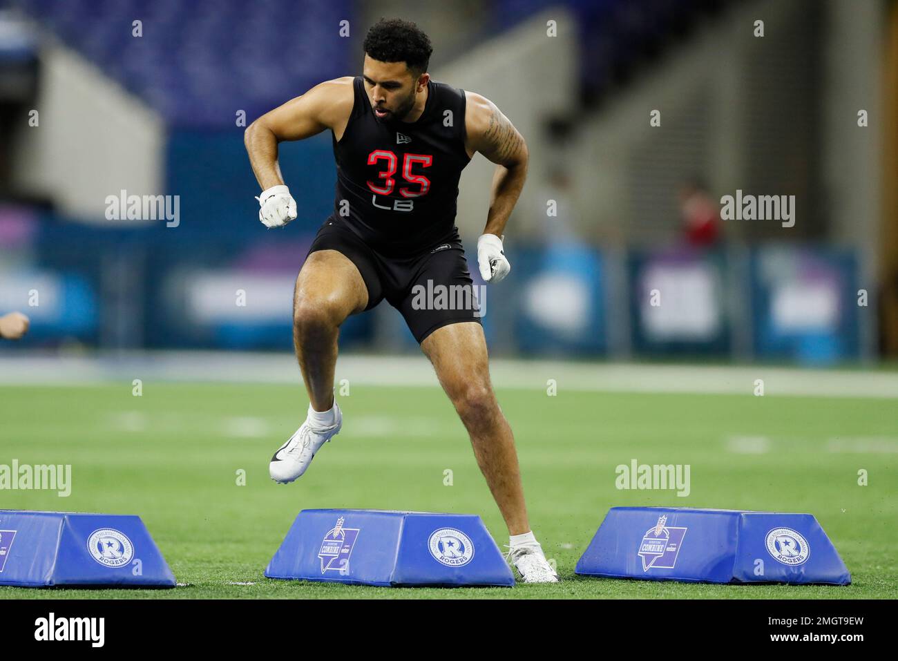 Wake Forest linebacker Justin Strnad runs a drill at the NFL football ...