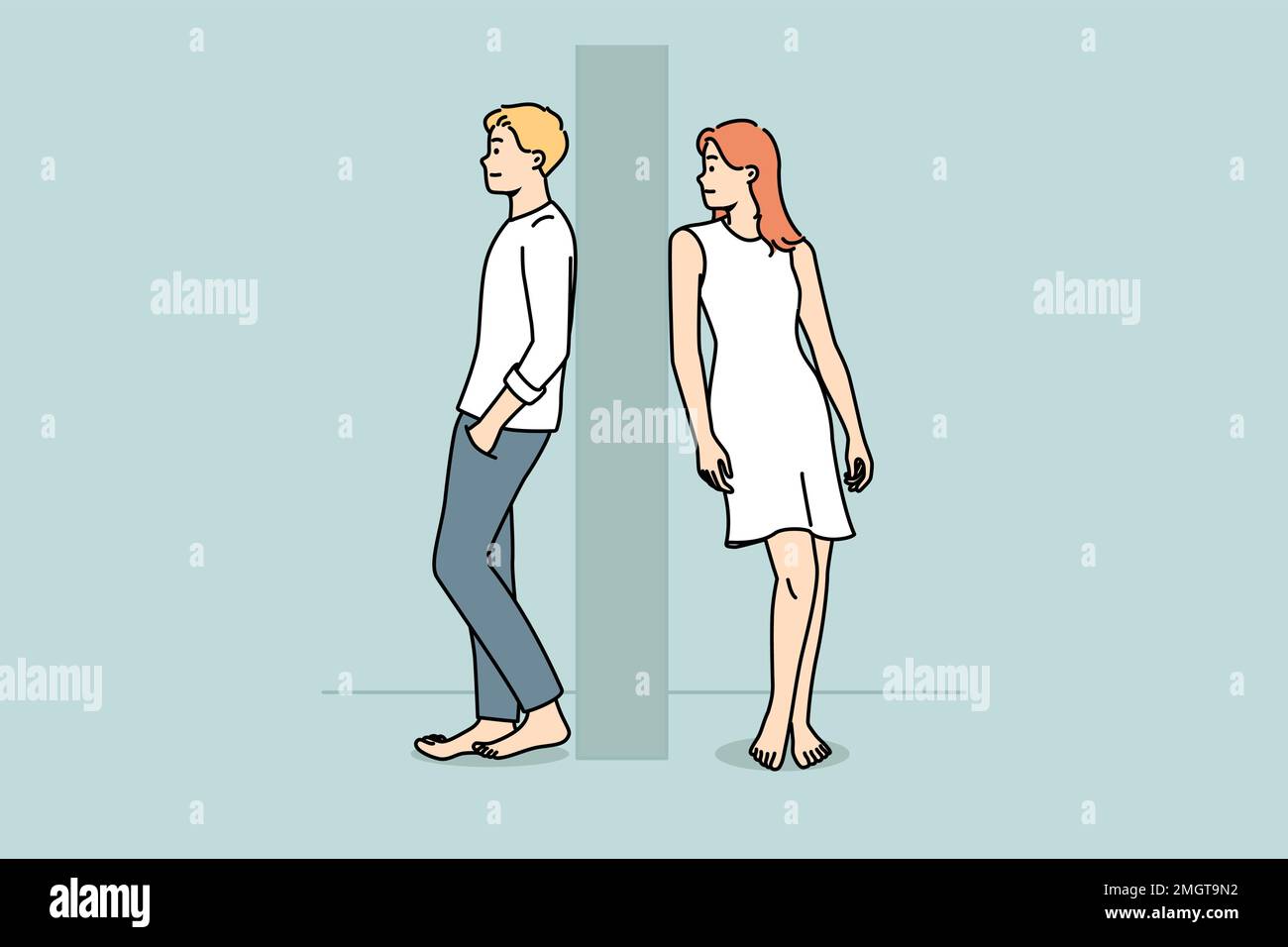Man and woman separated by wall. Young couple stand on different sides ...