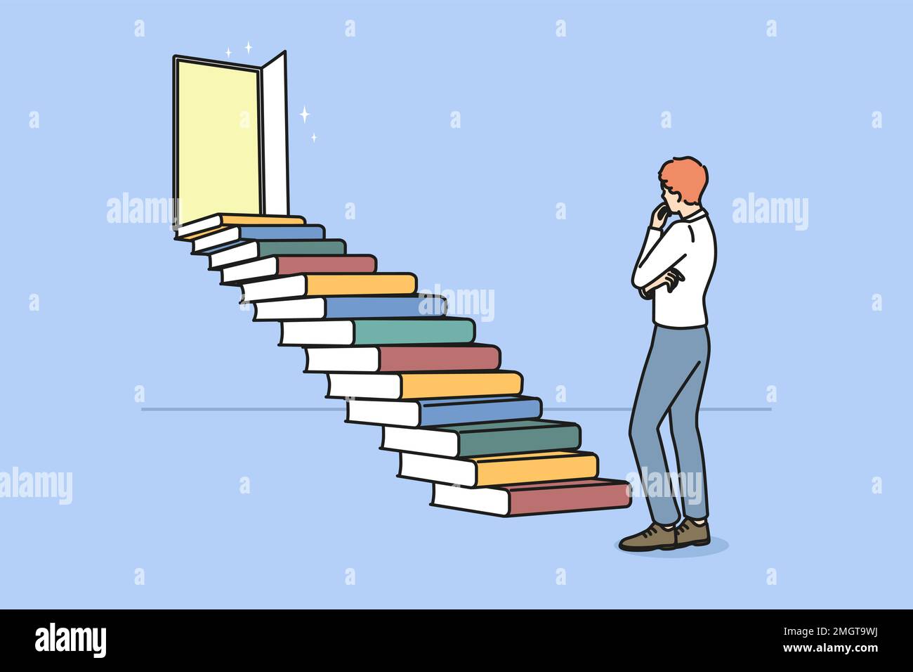 Young man standing near stairs made of books thinking or brainstorming ...