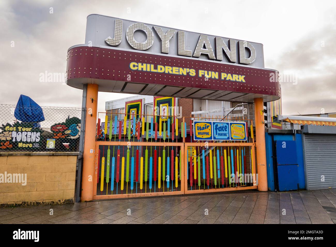Joyland entrance on Great Yarmouth seafront in winter with gates closed ...