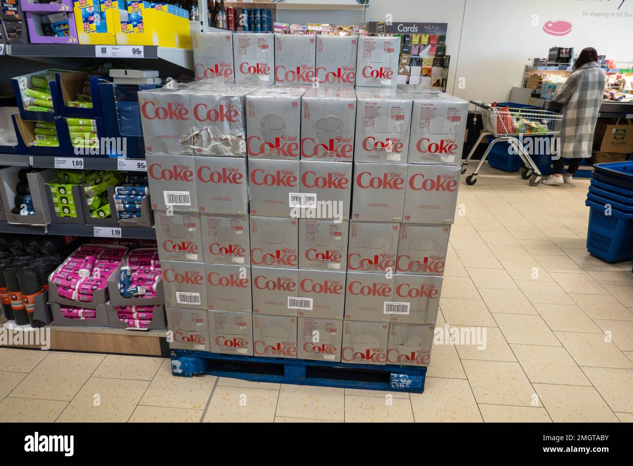Full pallet of Diet Coke on the end of an aisle in Lidls supermarket ...