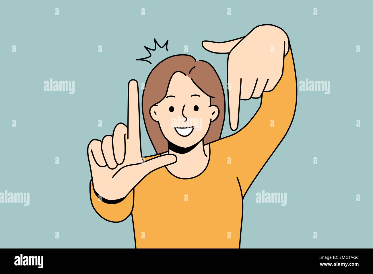 Smiling young woman make camera gesture with hands. Happy girl show ...