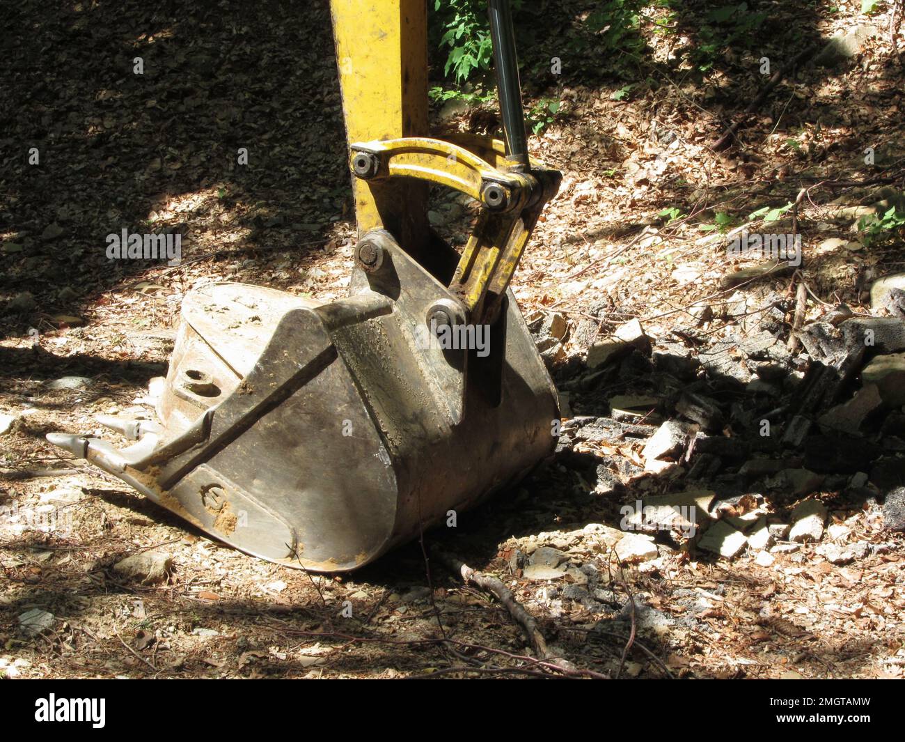 The bucket of the yellow excavator sits at rest in the wood Stock Photo ...