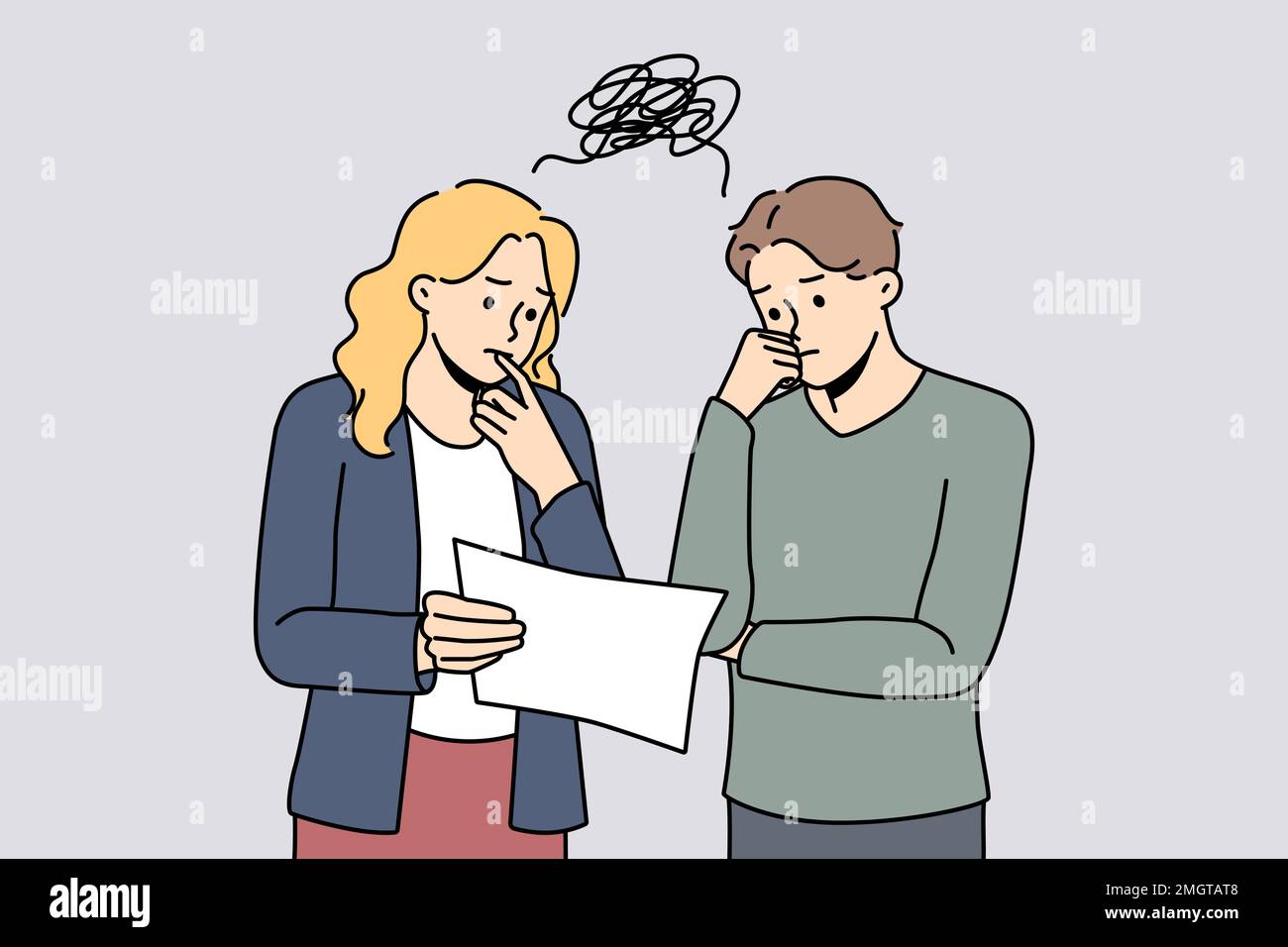 Pensive businesspeople look at paperwork brainstorm over business idea ...