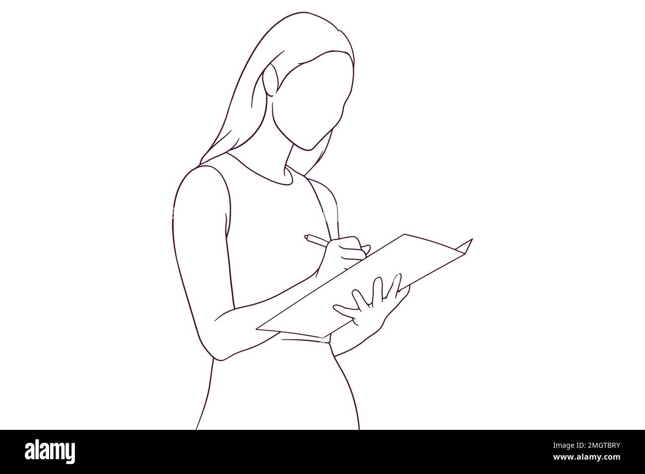 young businesswoman writing pose hand drawn style vector illustration ...