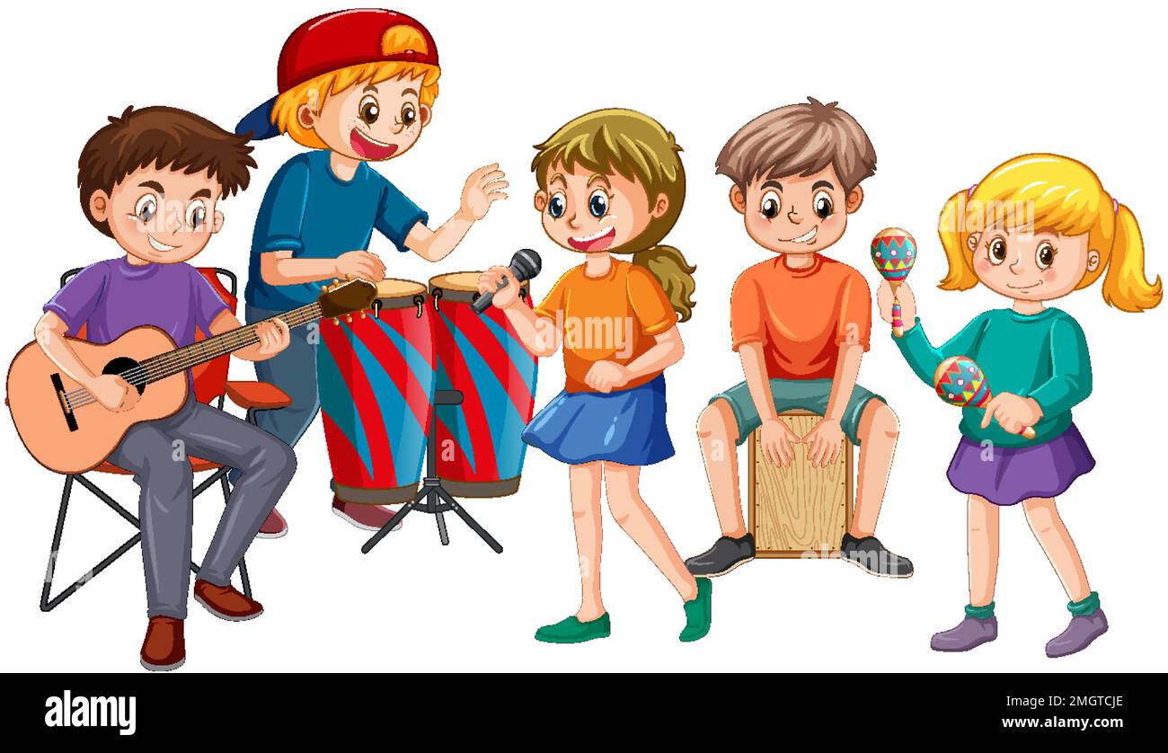 Happy kids playing musical instruments illustration Stock Vector Image ...