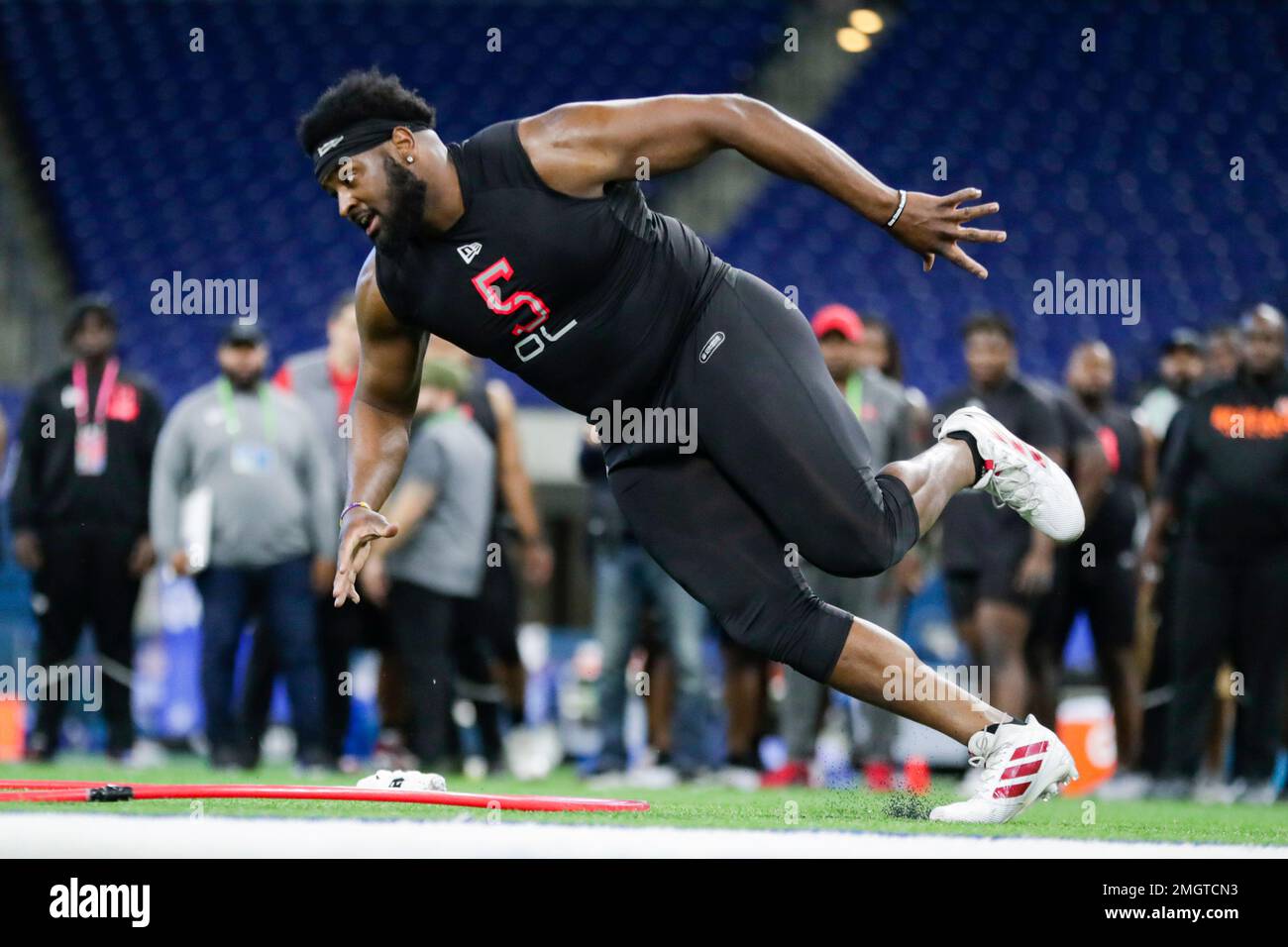 Nebraska defensive lineman Darrion Daniels runs a drill at the NFL ...