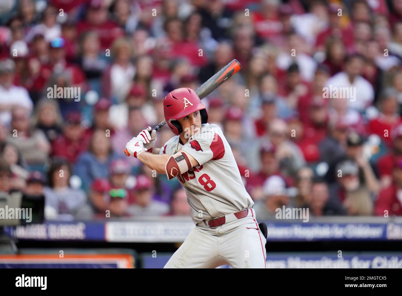 University of Arkansas outfielder Braydon Webb (8) stands in the ...
